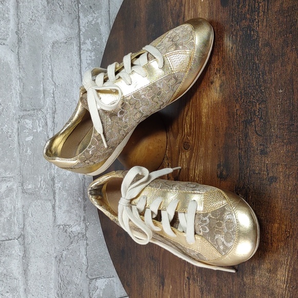 Coach | Shoes | Coach Reese Gold Metallic Signature Jacquard Sneakers ...
